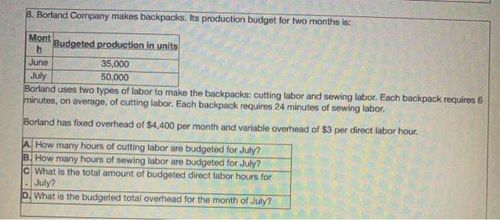 Solved 8. Borland Company makes backpacks. Its production | Chegg.com
