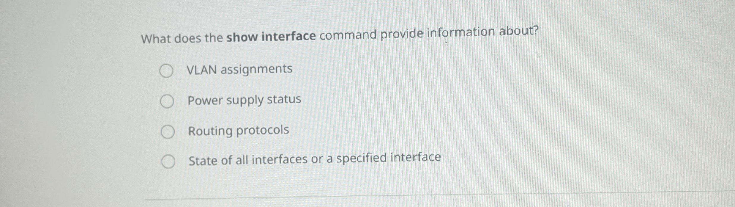 Solved What does the show interface command provide | Chegg.com