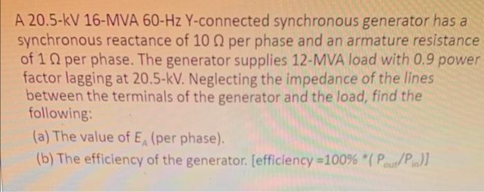 Solved A 20.5-kV 16-MVA 60-Hz Y-connected synchronous | Chegg.com