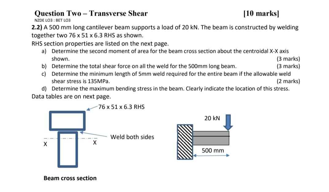 Solved Question Two- Transverse Shear [10 marks] NZDE LO3 : | Chegg.com