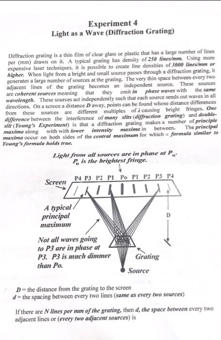 Experiment 4 Light as a Wave (Diffraction Grating) | Chegg.com