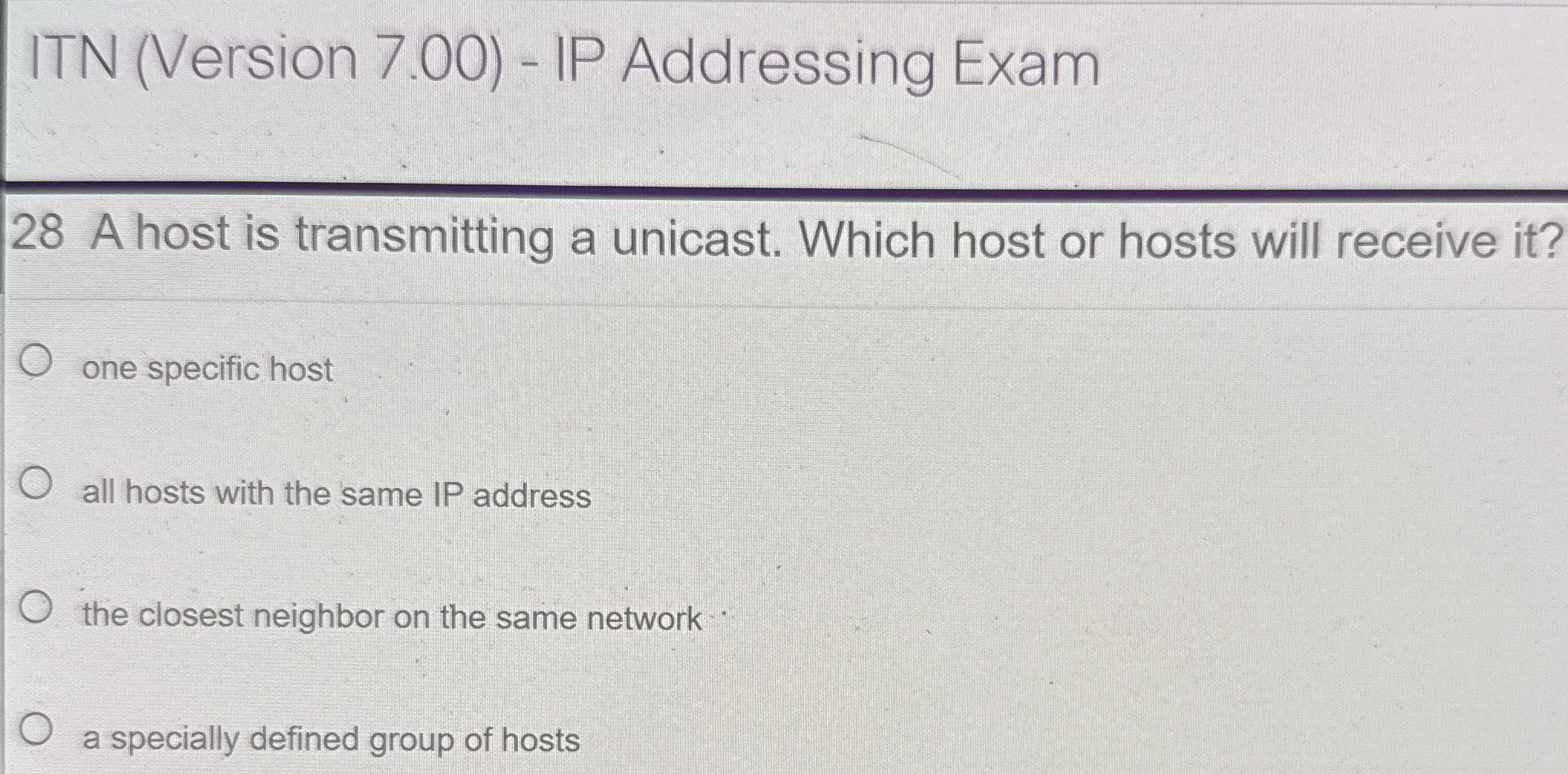 Solved ITN (Version 7.00) - ﻿IP Addressing Exam28 ﻿A host is | Chegg.com