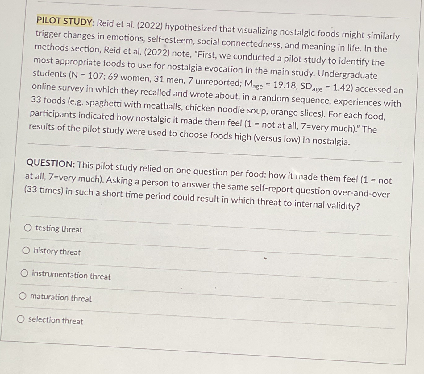Solved PILOT STUDY: Reid et al. (2022) ﻿hypothesized that | Chegg.com