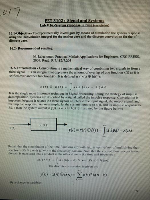 2017 EET3102: Signal and Systems Lab # 16.-System | Chegg.com