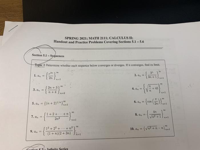 Solved SPRING 2021: MATH 2111; CALCULUS II; Handout and | Chegg.com