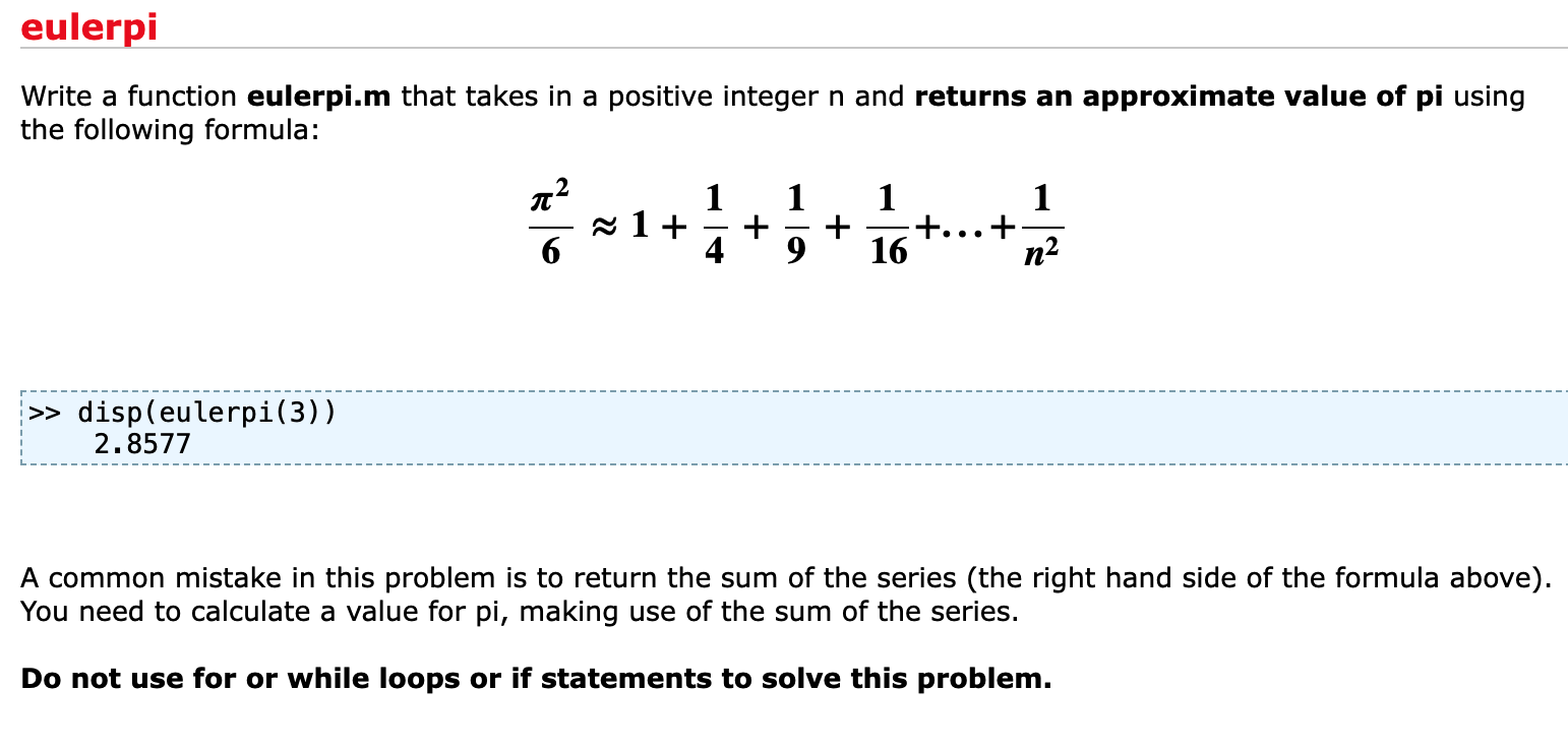 Solved eulerpiWrite a function eulerpi.m that takes in a | Chegg.com