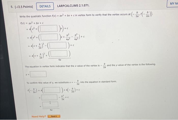 Solved Write the quadratic function f(x)=ax2+bx+c in vertex | Chegg.com
