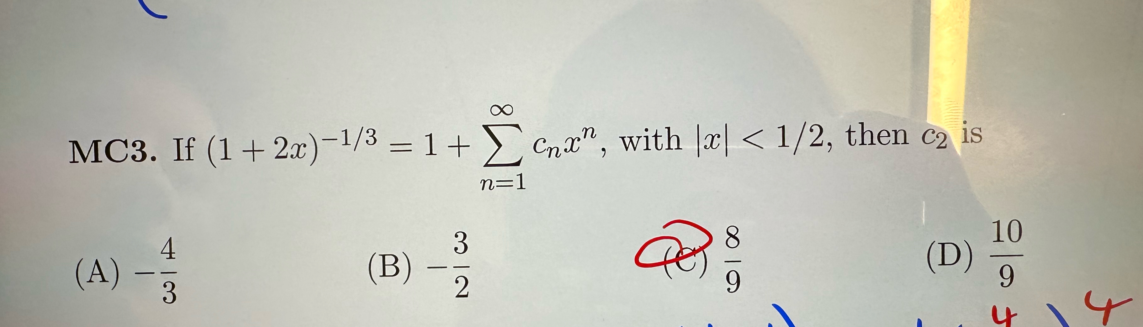 Solved MC3. ﻿If (1+2x)-13=1+∑n=1∞cnxn, ﻿with |x|