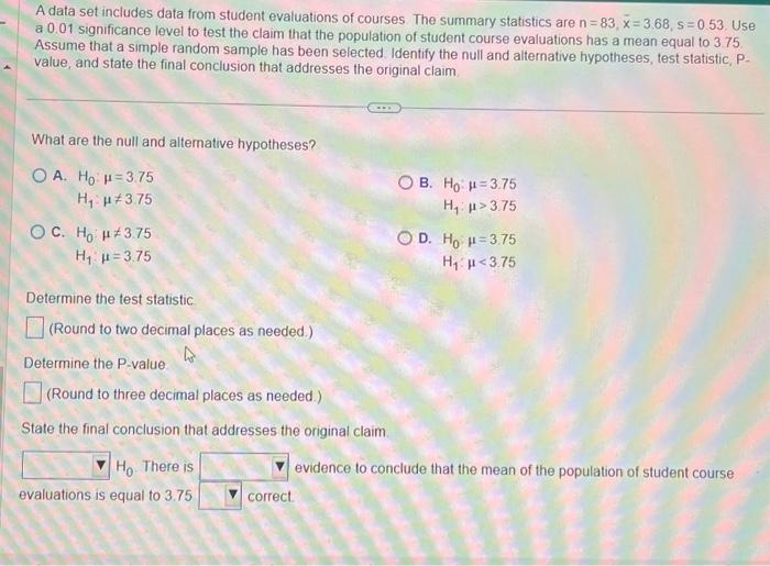 Solved A data set includes data from student evaluations of | Chegg.com