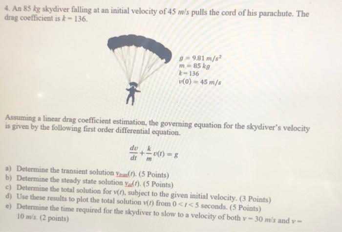 Solved 4. An 85 kg skydiver falling at an initial velocity | Chegg.com