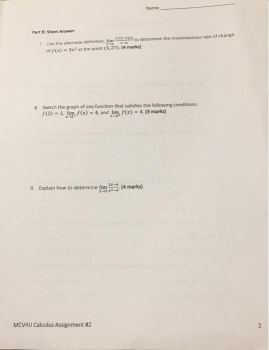 Solved Part B: Short Answer 7. Use the alternate definition, | Chegg.com