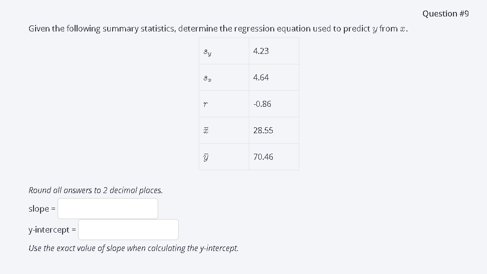 Solved Question #9Given the following summary statistics, | Chegg.com