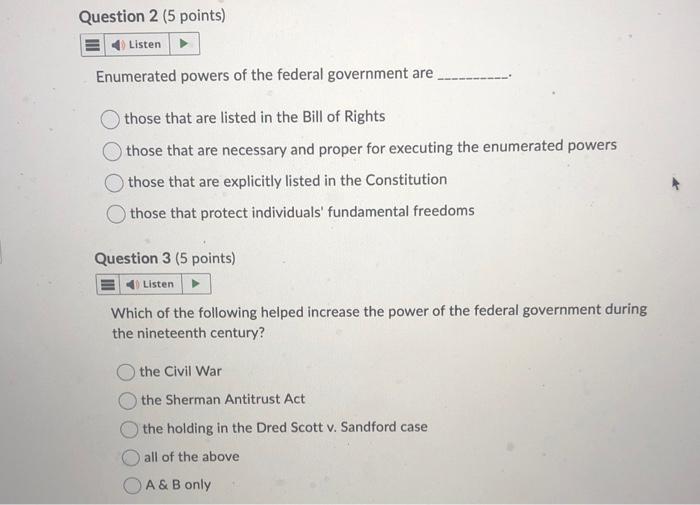 Enumerated powers of the federal government are those | Chegg.com