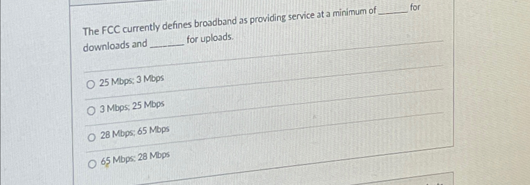 Solved The FCC currently defines broadband as providing | Chegg.com