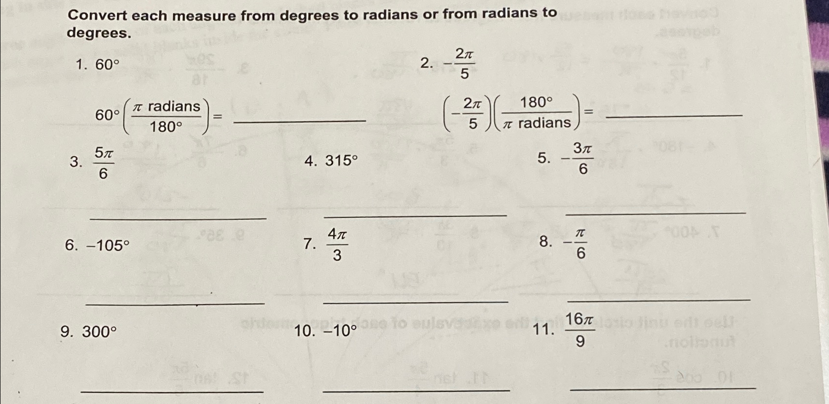 Solved Convert each measure from degrees to radians or from | Chegg.com