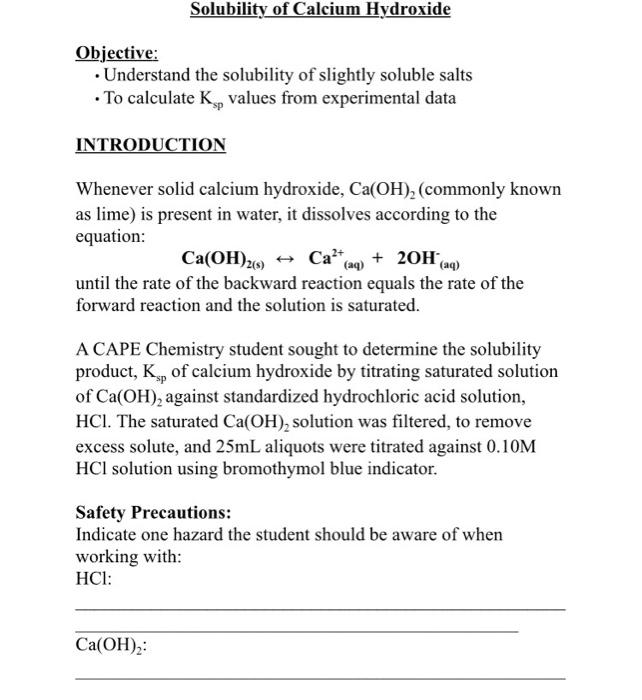 Solved Solubility of Calcium Hydroxide Objective: • | Chegg.com