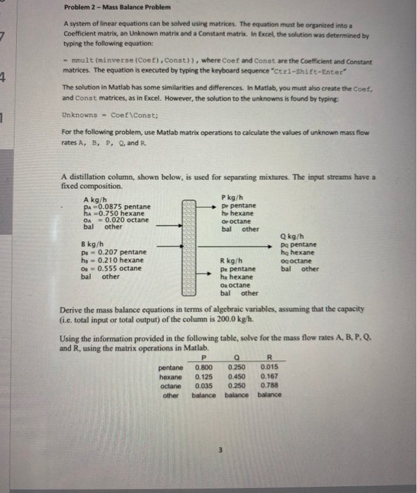 Solved Problem 2 - Mass Balance Problem 1 A system of linear | Chegg.com