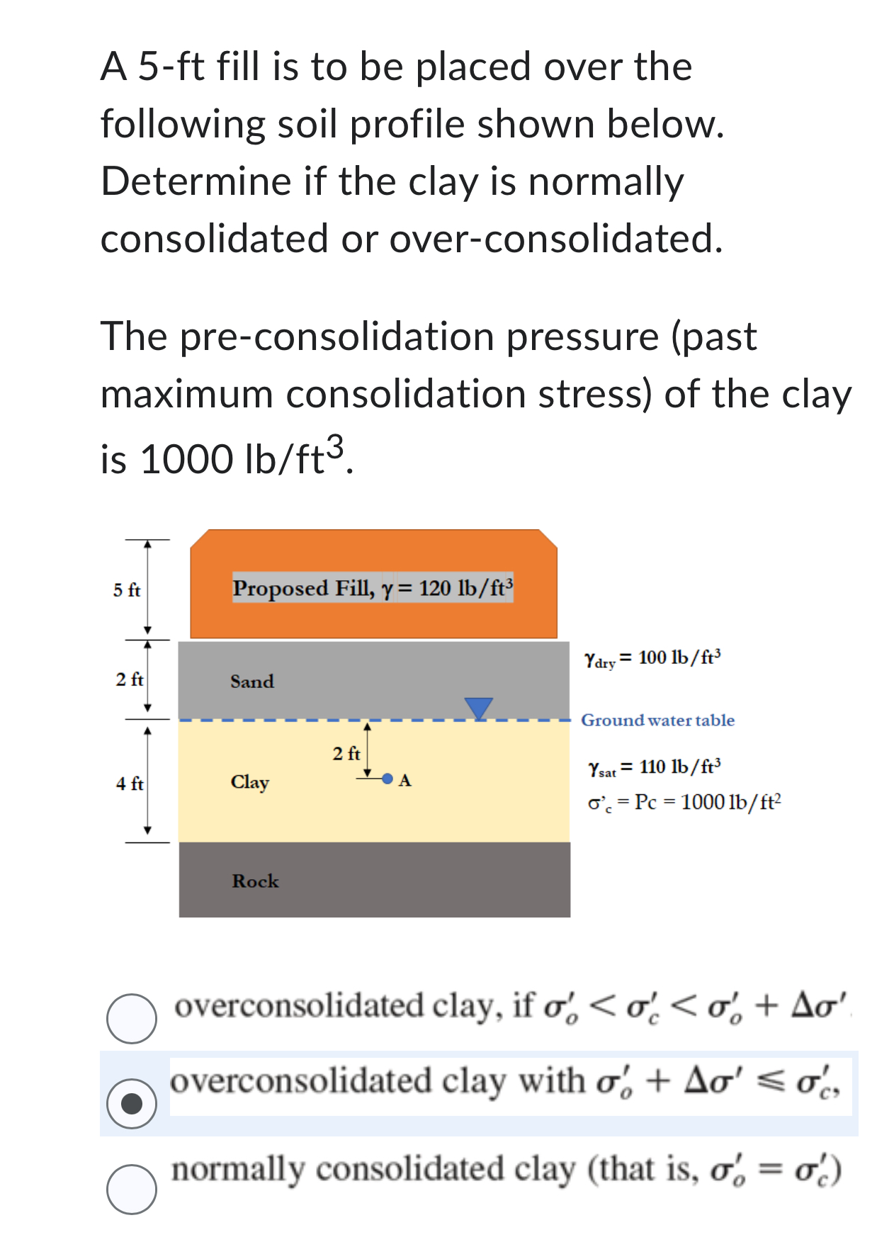 Solved A 5-ft fill is to be placed over the following soil | Chegg.com