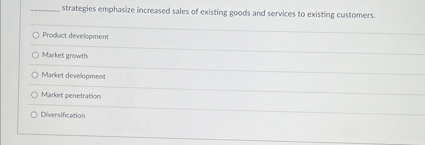 Solved strategies emphasize increased sales of existing | Chegg.com