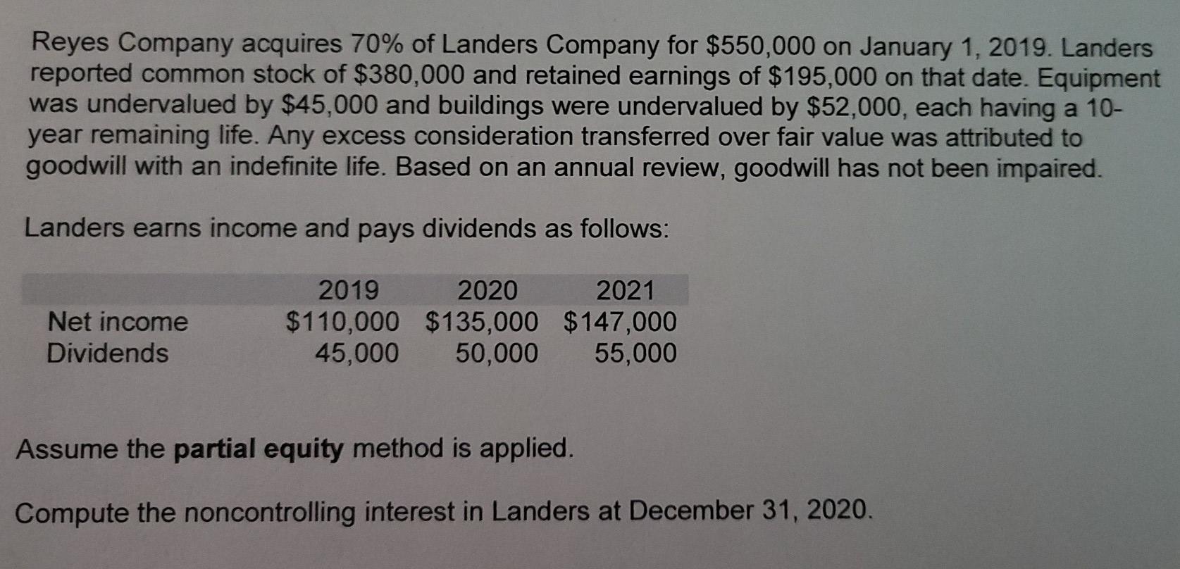 Solved Reyes Company acquires 70% of Landers Company for | Chegg.com