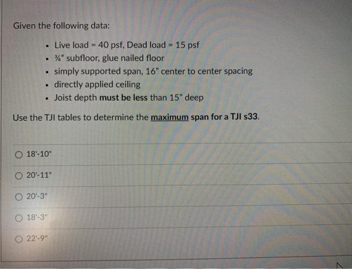 Solved Given the following data: . . Live load = 40 psf, | Chegg.com