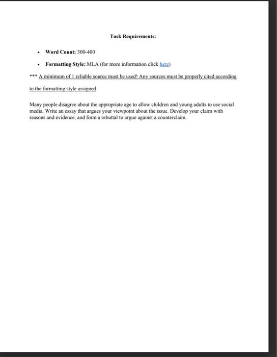 - Word Count: 300-400 - Formatting Style: MLA (for | Chegg.com