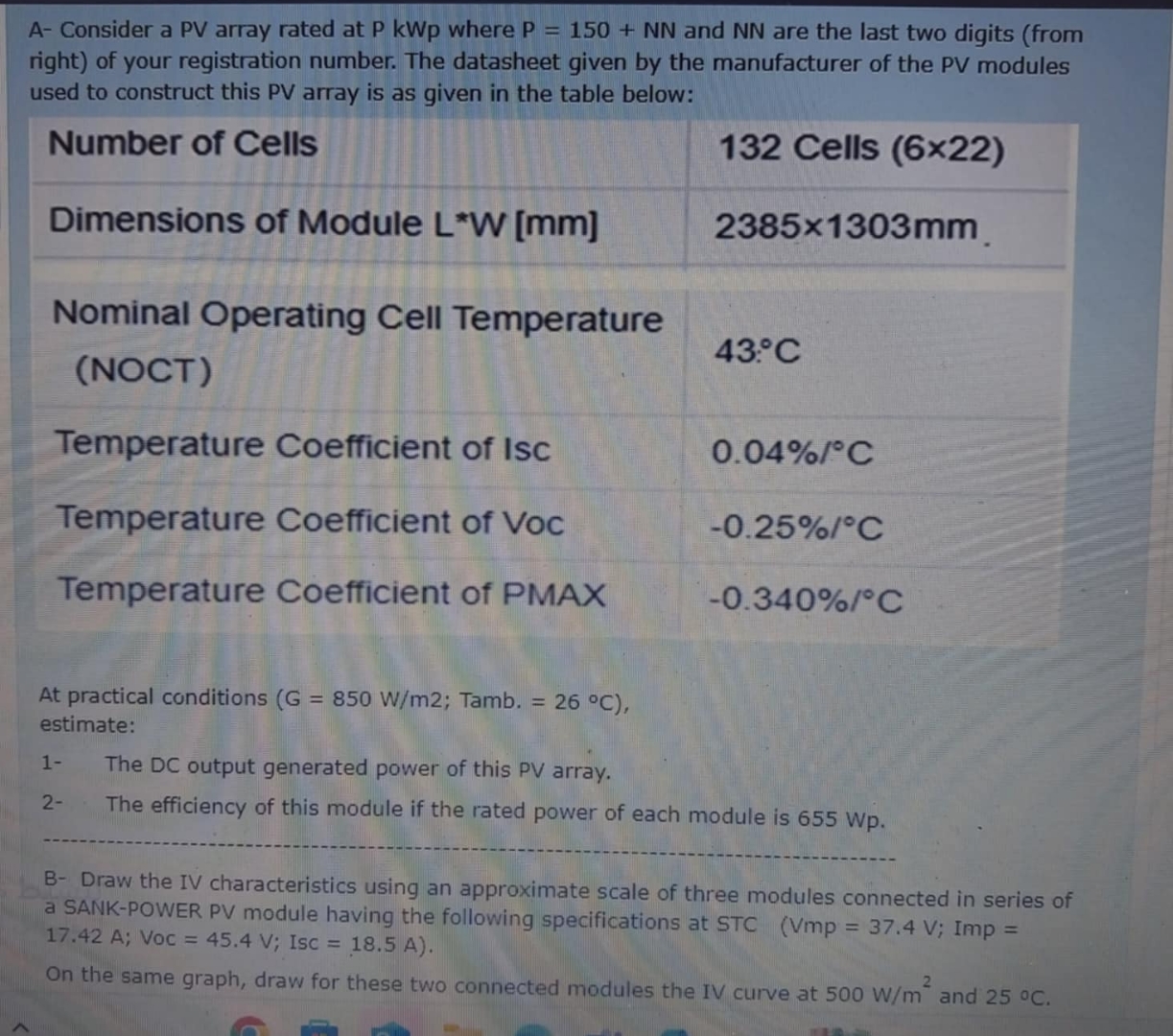 A- ﻿Consider a PV array rated at P kWp where P=150+NN | Chegg.com