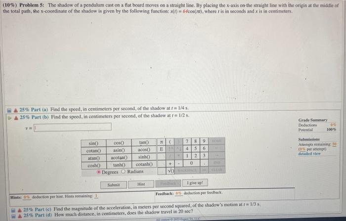 Solved 0\%) Problem 5: The shadow of a pebdulum cast on a | Chegg.com