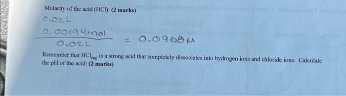 Solved Molarity of the acid ( \\( \\mathrm{HCl}) \\) : (2 | Chegg.com