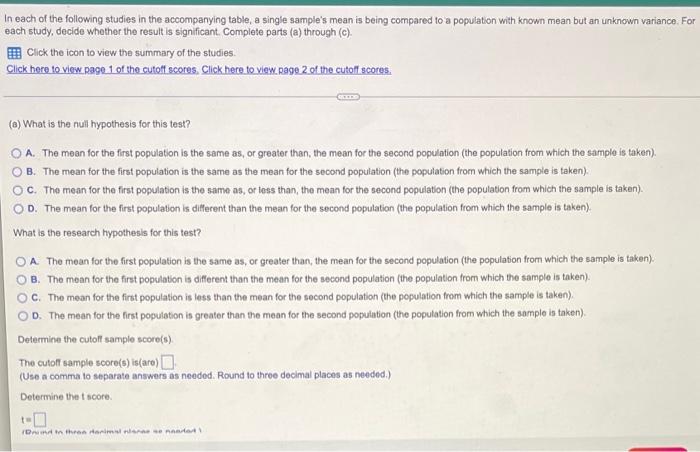 Solved In each of the following studies in the accompanying | Chegg.com