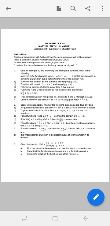 Solved T V MATHEMATICS 1A MATT101 / MATV111/ MATH111 | Chegg.com