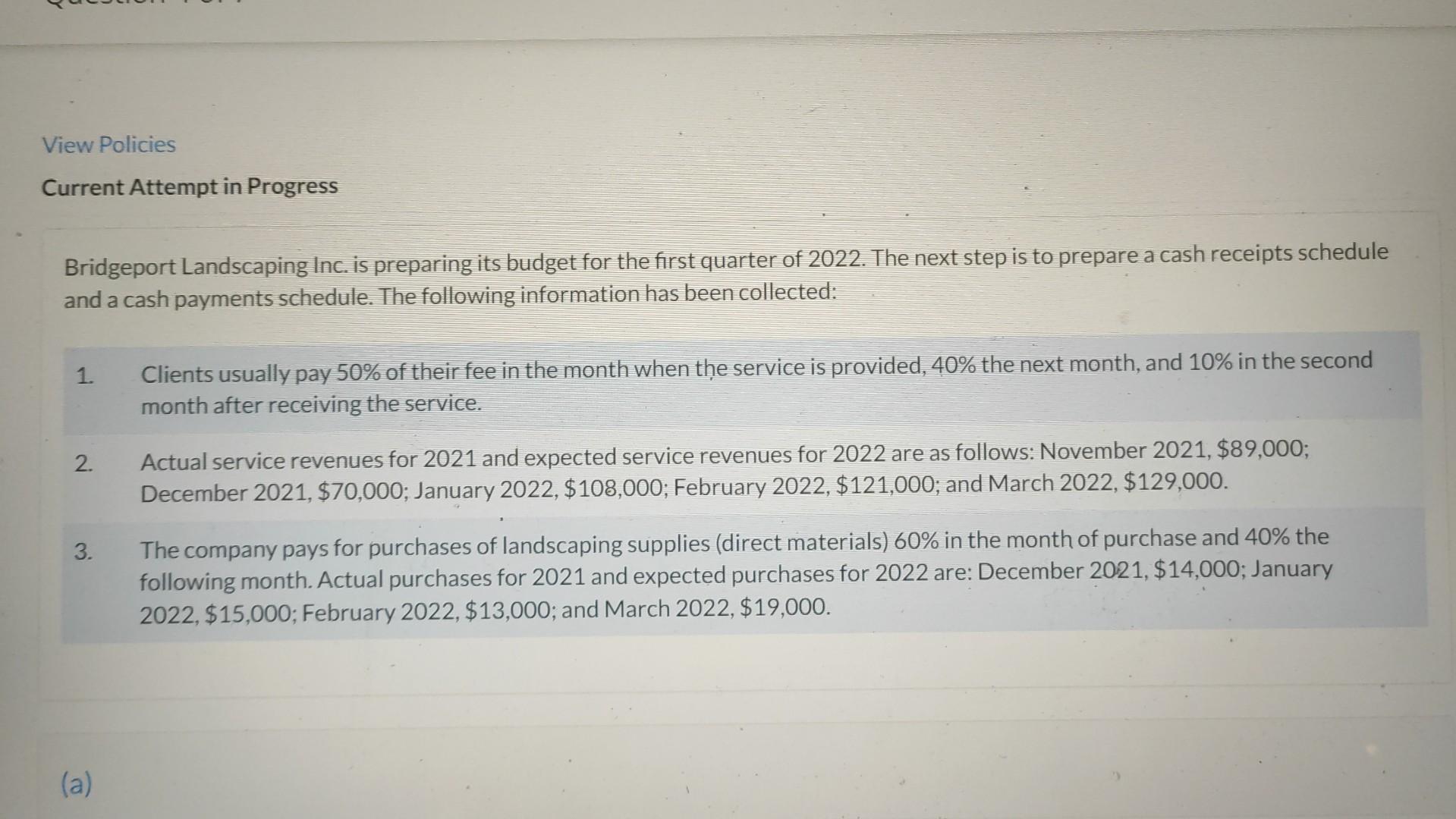 Solved Current Attempt in Progress Bridgeport Landscaping | Chegg.com