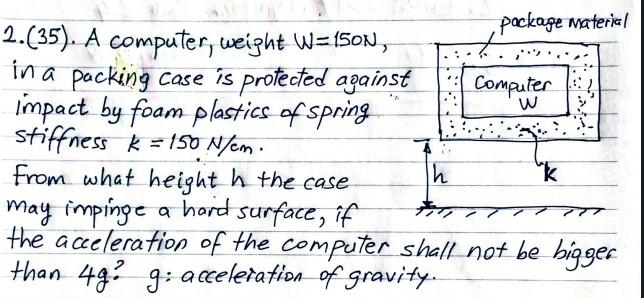 Solved 2. (35). A computer, weight W=150 N, in a packing | Chegg.com