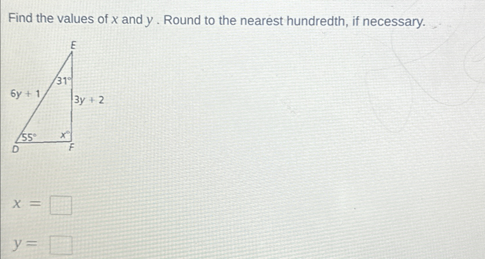 Solved Find the values of x ﻿and y. ﻿Round to the nearest | Chegg.com