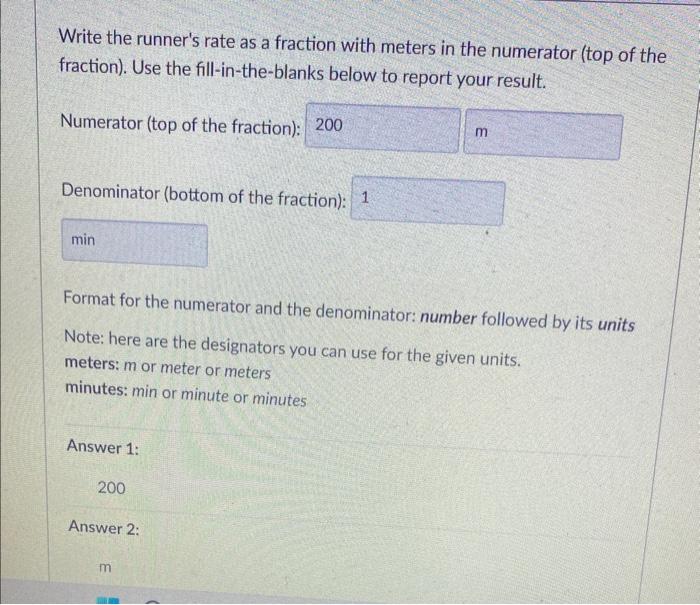 Solved Write the runner's rate as a fraction with meters in | Chegg.com