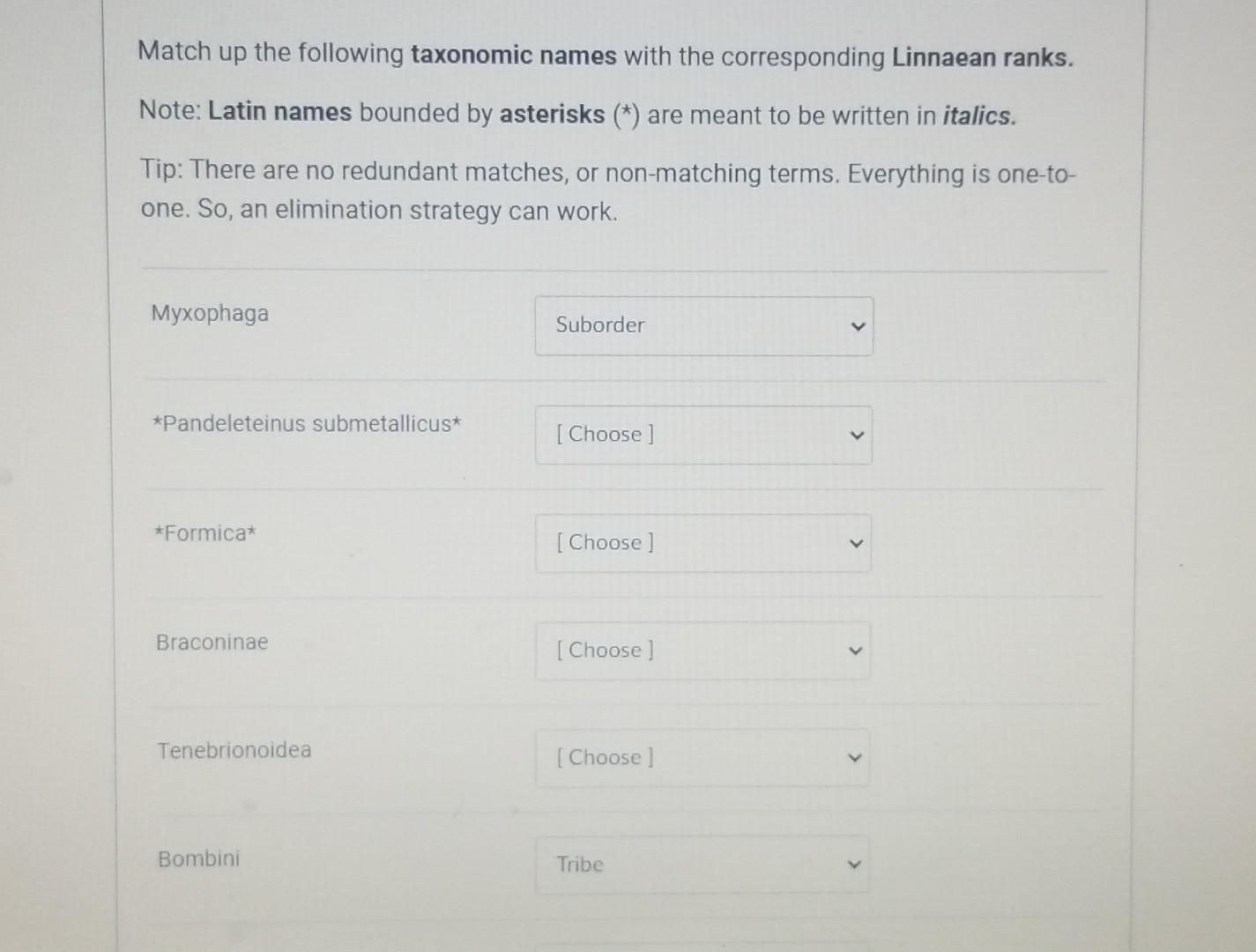 [Solved]: Match up the following taxonomic names wi