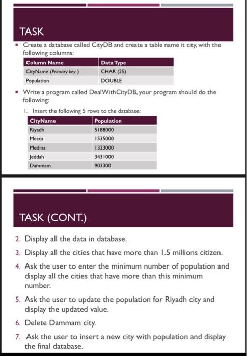 Solved TASK Create a database called CityDB and create a | Chegg.com