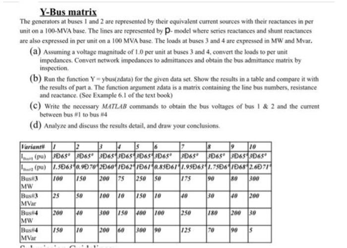 Solved Y-Bus matrix The generators at buses 1 and 2 are | Chegg.com