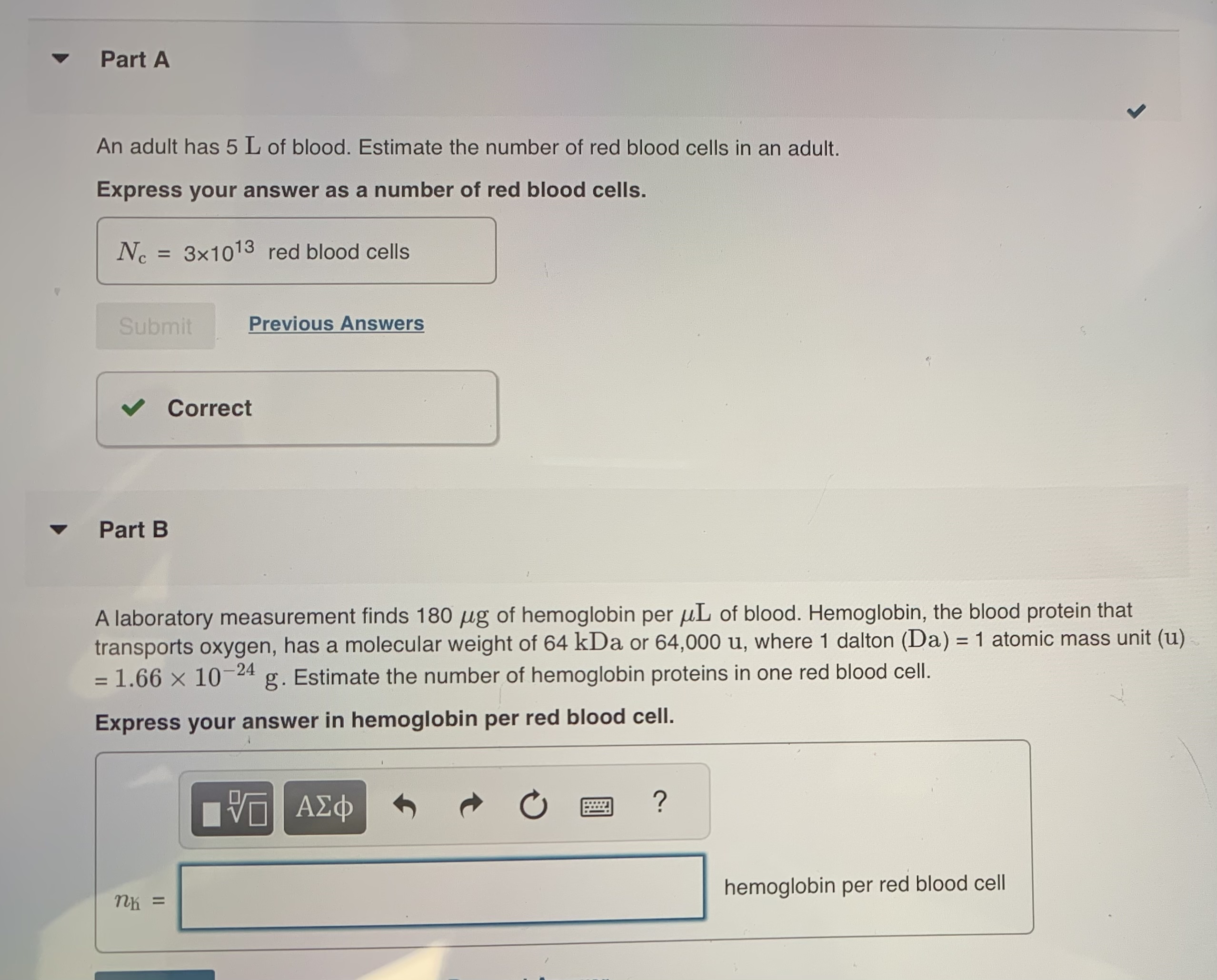 Solved Part AAn adult has 5L ﻿of blood. Estimate the number | Chegg.com