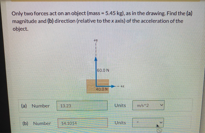 Solved Only two forces act on an object (mass = 5.45 kg), as | Chegg.com