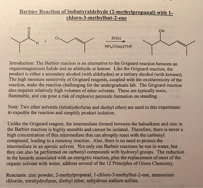 Solved Barbier Reaction of isobutyraldehyde | Chegg.com
