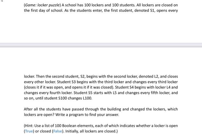 Solved (Game: locker puzzle) A school has 100 lockers and | Chegg.com