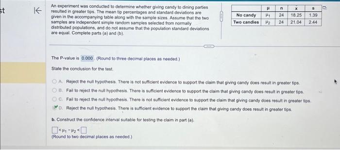 Solved An experiment was conducted to determine whether | Chegg.com