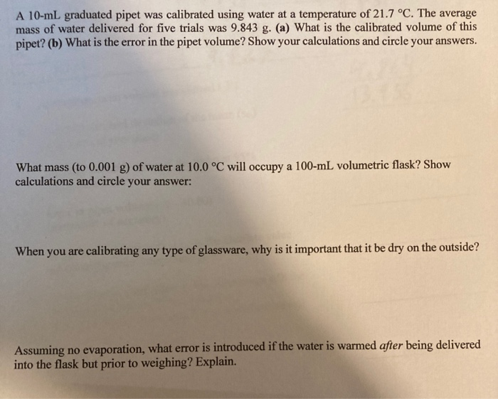 Solved A 10-ml graduated pipet was calibrated using water at | Chegg.com