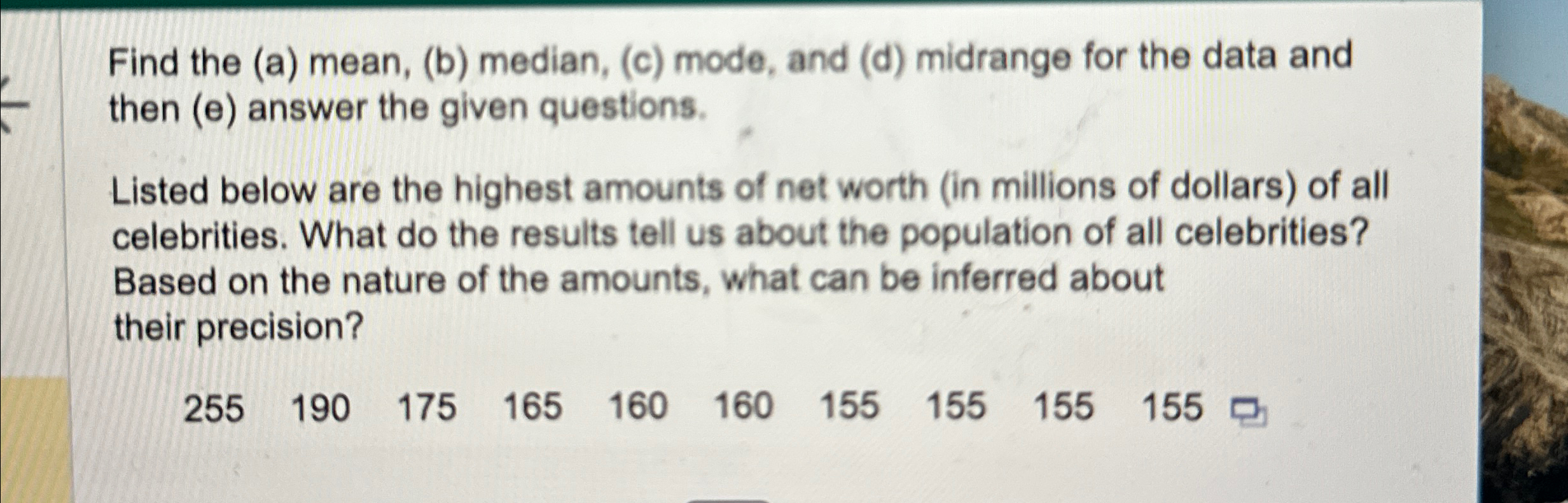 Solved Find the (a) ﻿mean, (b) ﻿median, (c) ﻿mode, and (d) | Chegg.com