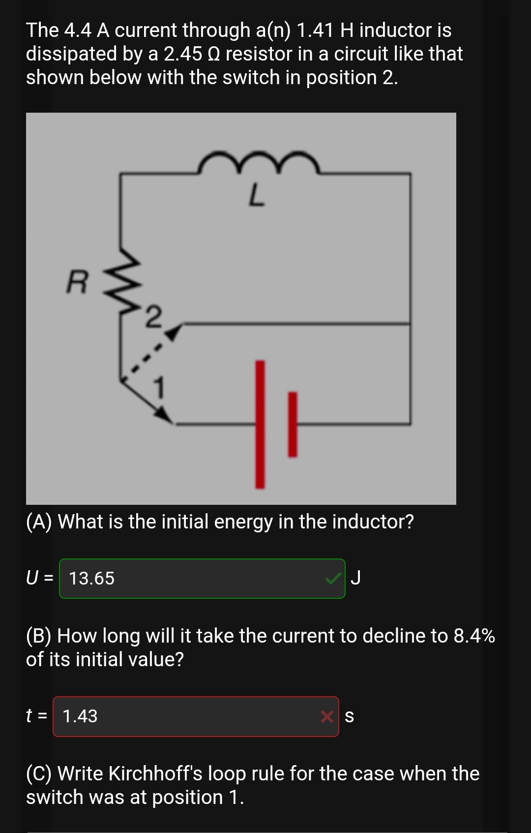 Solved The 4.4A current through a(n) 1.41H ﻿inductor is | Chegg.com