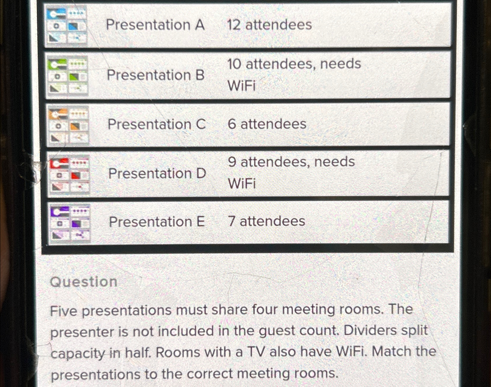 Solved \table[[,Presentation A,12 ﻿attendees],[,Presentation | Chegg.com