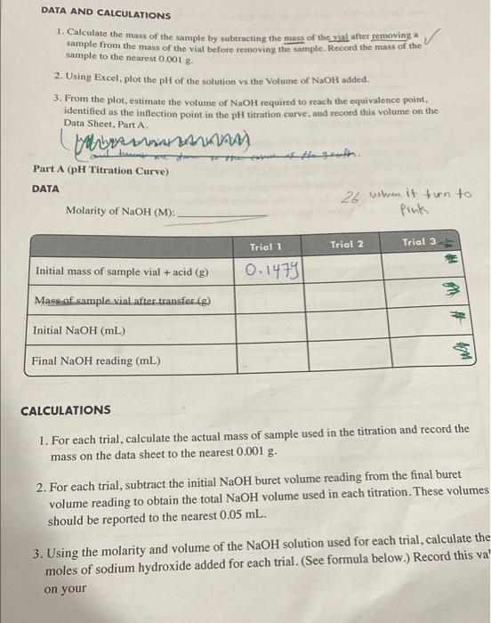Data Sheet, Part B for each trial. Be sure to convert | Chegg.com