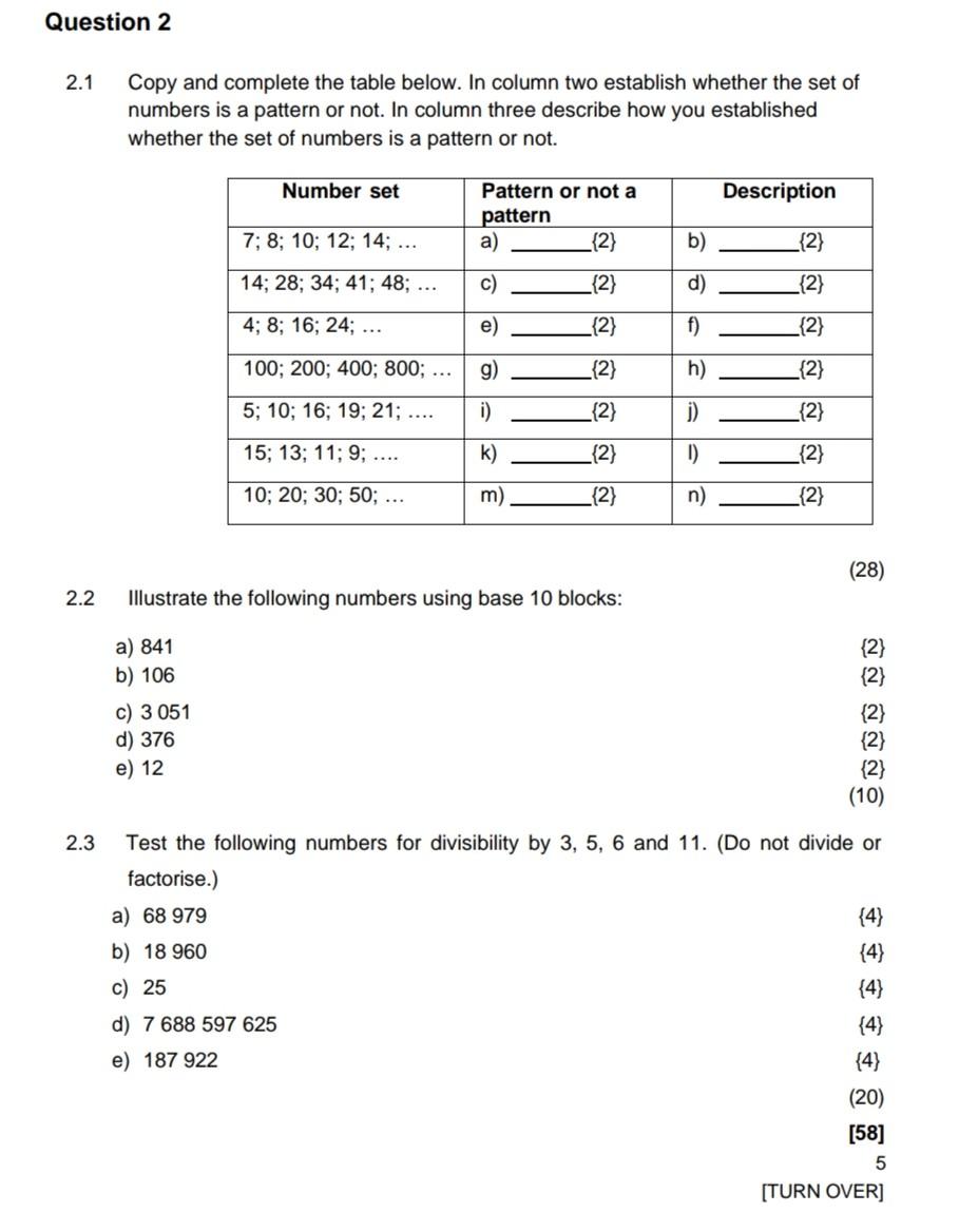 Solved 2.1 Copy and complete the table below. In column two | Chegg.com