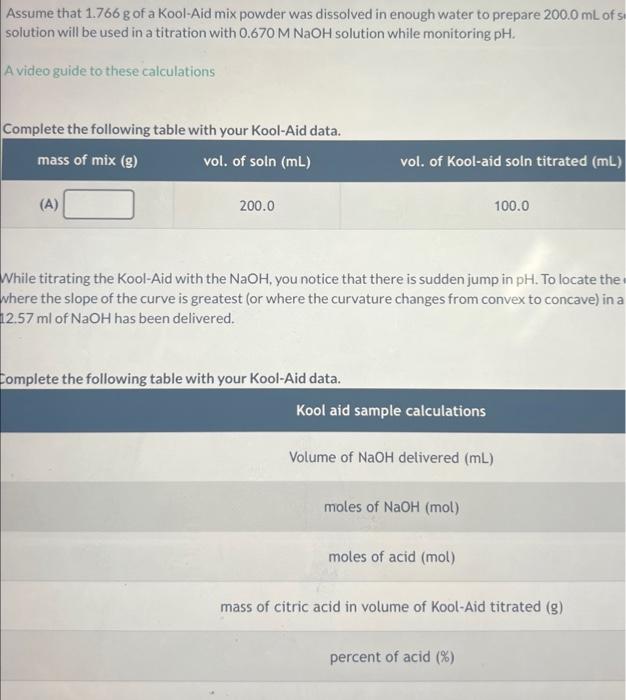 Assume that 1.766 g of a Kool-Aid mix powser was | Chegg.com